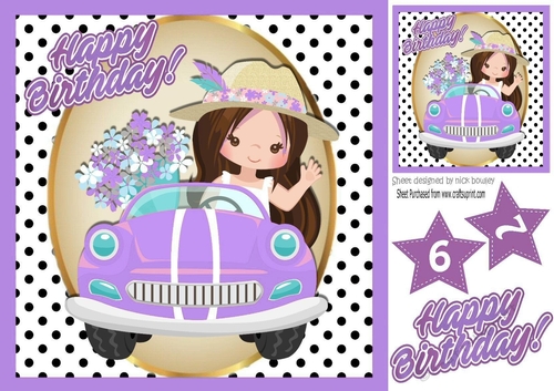 Birthday girl in purple car with flowers in polkadots 8x8 - CUP899644 ...
