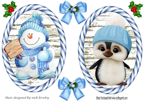 Two lovely christmas toppers/card fronts of a cute snowman & penguin ...