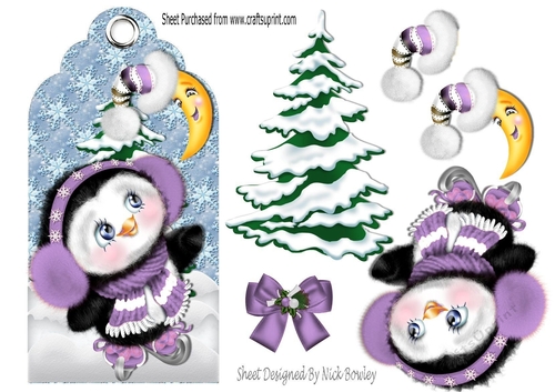 cute penguin in purple on christmas tag with christmas tree - CUP933600 ...