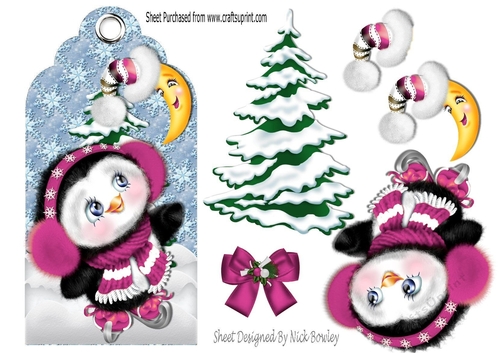 cute penguin in pink on christmas tag with christmas tree - CUP933601 ...