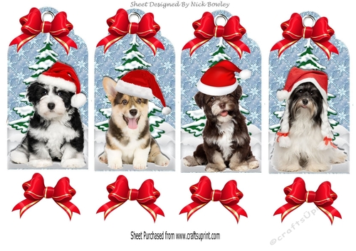 Four lovely christmas tags with dogs in santa hats with snow with red ...