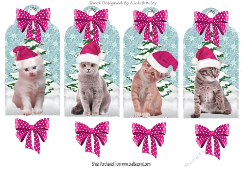 Four lovely christmas tags with cats/kittens in pink santa hats with ...