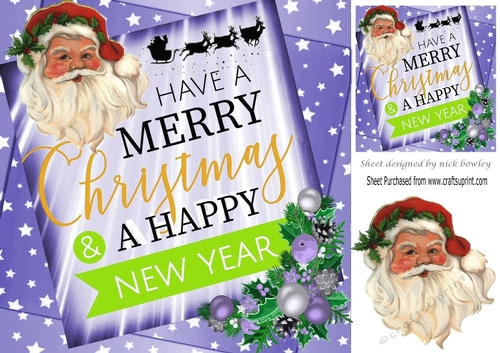 A lovely festive card front with santa and purple stars and verse 8x8 ...