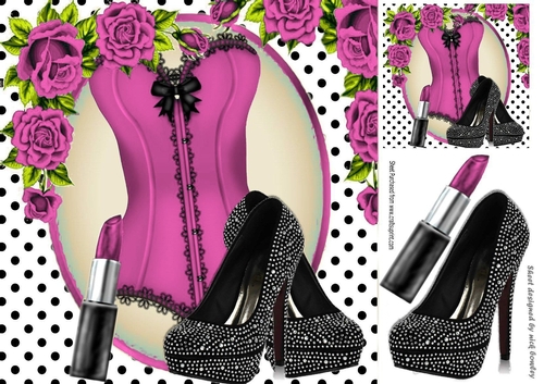 Sexy pink /black basque with polkadot and pink roses 8x8 - CUP942103 ...