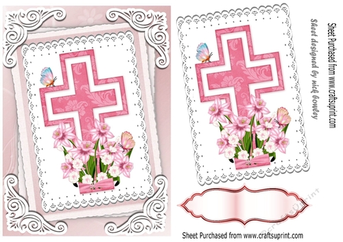 Pretty pink cross with daffs on lace stacked topper/card front A5 ...