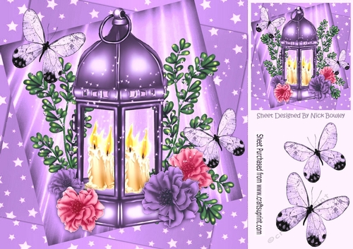 Pretty lantern with candles, lilac flowers, and butterflies 8x8 ...