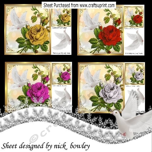 4 Pretty 8X8 cards with roses & doves in gold frames mini kit ...
