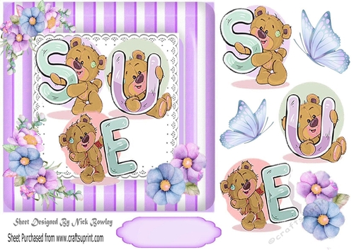 Lovely Teddies name SUE In stripe purple 7x7 frame with flowers ...