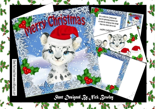 Lovely water colour of a snow leopard in santa red hat with holly 8x8 ...