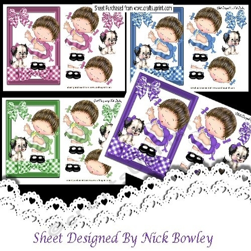 4 Lovely Girls with her puppy & coloured gingham bows cards A5 Mini Kit ...