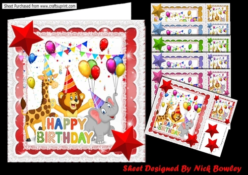 6 Party Animals having fun on a Birthday card fronts 8x8 mini kit ...