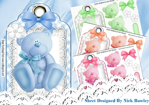 4 Cuddle Gingham Colored bears on lace tags with bows mini kit ...