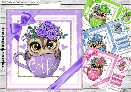 4 Cute owl in coffee cup with bows card fronts 8x8 mini kit - CUP999211 ...