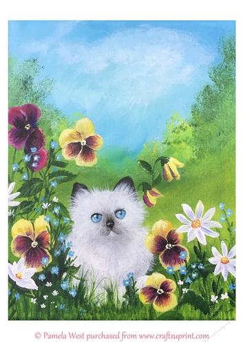 Cat with Pansies Original art for designer resources or card toppers ...