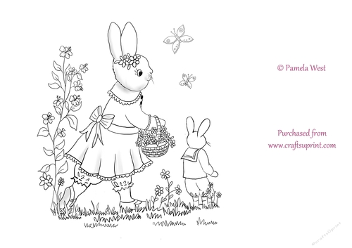 Rabbits picking flowers digital stamp, Colouring page. digi stamp ...