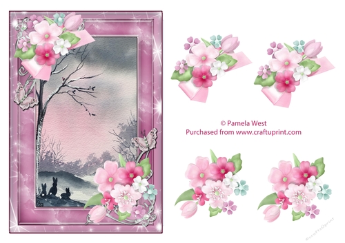 Sunset with Rabbits, card topper with floral decoupage - CUP968284_117 ...