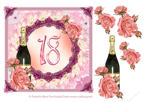 18th Birthday card with roses and champagne bottle decoupage ...