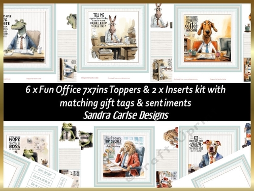 Fun office decoupage 7x7ins toppers x 6 & 2 x Inserts kit 1 ...