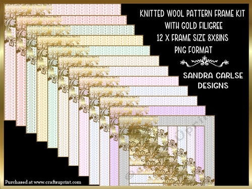 Knitted wool pattern 8x8ins 12 x Frames kit with gold filigree ...