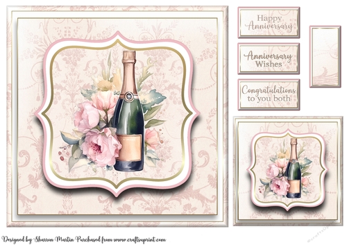 8x8 Pink Roses & Champagne Card Front with Tag & Sentiments ...