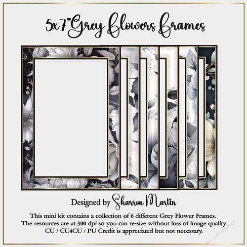 5x7 Grey Flowers Frames (Rectangle) - x6 Frames in PNG - CUP1294320 ...
