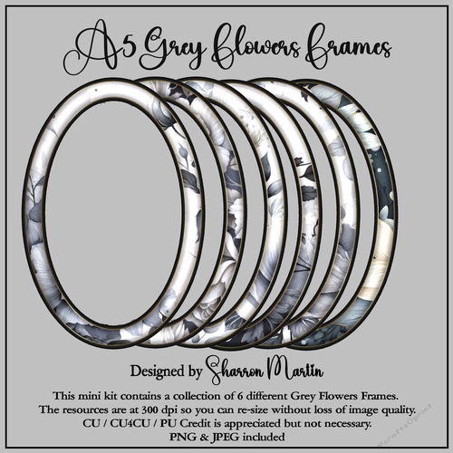 A5 Grey Flowers Frames - x6 PNG - CUP1294664_1495 | Craftsuprint