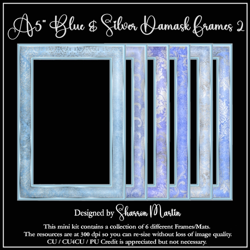 A5 Blue & Silver Damask Frames 7-12 in PNG - CUP1301697_1495 | Craftsuprint