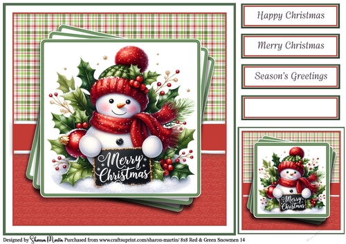 8x8 Red & Green Snowmen 14 Card Front, Gift Tag & Sentiments ...