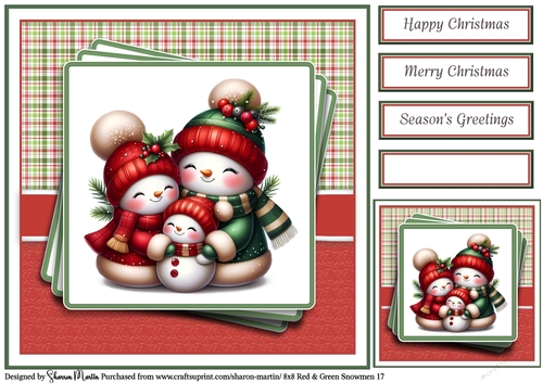 8x8 Red & Green Snowmen 17 Card Front, Gift Tag & Sentiments ...