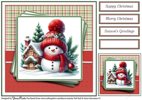 8x8 Red & Green Snowmen 21 Card Front, Gift Tag & Sentiments ...