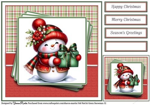 8x8 Red & Green Snowmen 32 Card Front, Gift Tag & Sentiments ...