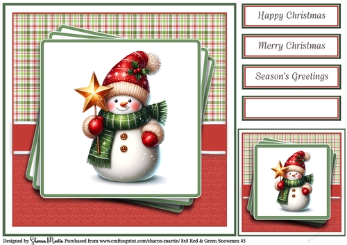 8x8 Red & Green Snowmen 45 Card Front, Gift Tag & Sentiments ...