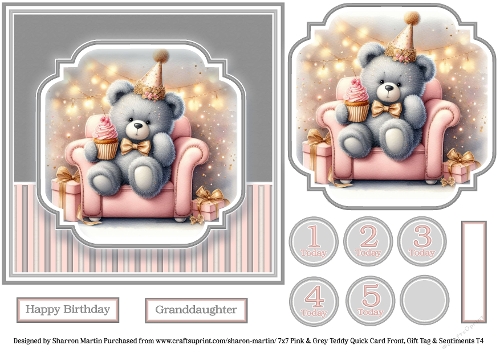 7x7 Pink & Grey Teddy - Quick Card with Topper, Sentiments & Numbers T4 ...