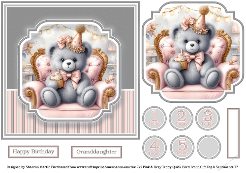 7x7 Pink & Grey Teddy - Quick Card with Topper, Sentiments & Numbers T7 ...