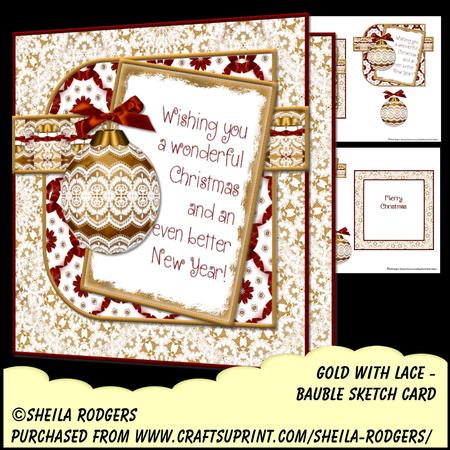 Bauble Sketch Card - Gold with Lace - CUP641814_66 | Craftsuprint