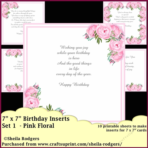 7 x 7 Birthday Inserts - Set 1 - Pink Floral - CUP983881_66 | Craftsuprint