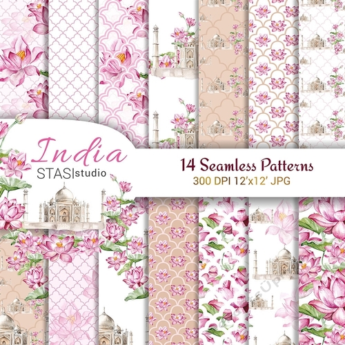 Taj Mahal Watercolor Digital Paper Pack Lotus Flowers Seamless Patterns ...