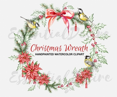 Christmas Wreath Watercolor Clipart Handpainted Illustration ...
