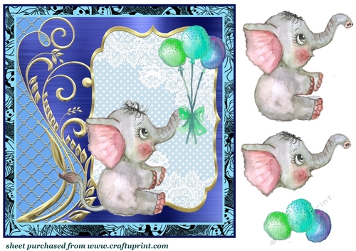 Blue elephant with balloons card front - CUP1100302_659 | Craftsuprint