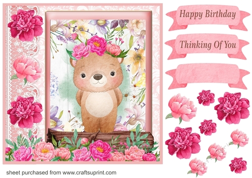 Pink floral bear card front - CUP1181860_659 | Craftsuprint