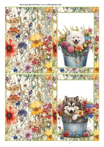 2 Pup in floral bucket notelets (with room for sentiment) 2 ...