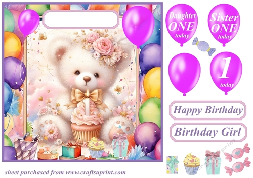 Age 1 Birthday bear card front 4 - CUP1266397_659 | Craftsuprint