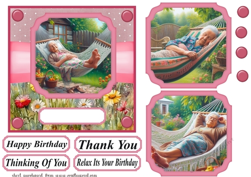 Pink garden Gran taking a nap card front - CUP1323067_659 | Craftsuprint