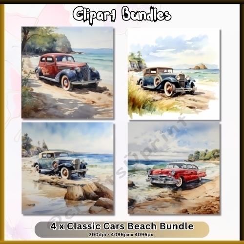 4 x Classic Cars by the Beach Images for Designers and Card Creators ...
