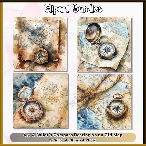 4 x Sailors Compass Resting on an Old Map - 4096px x 4096px, 300dpi ...