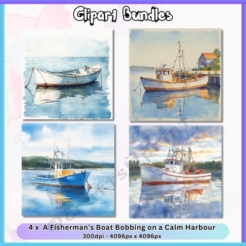 4 x Fishermans Boat Bobbing on a Calm Harbor (.png, 4096px x 4096px ...