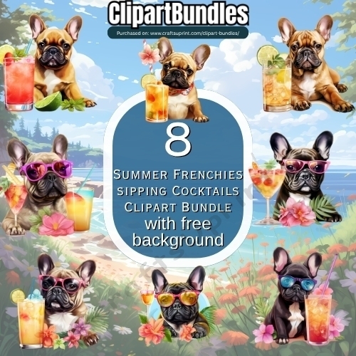 8 x Summer Frenchie Sipping Cocktails Clipart Bundle (4096px x 4096px ...
