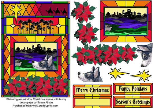 Husky in stained glass window Christmas scene with decoupage ...