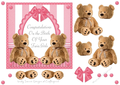 Twin Baby Girl Teddy Bear - CUP787319_43136 | Craftsuprint