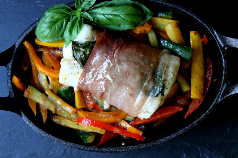 Prosciutto-wrapped Baked Halibut with Italian Vegetables – A Cup of ...